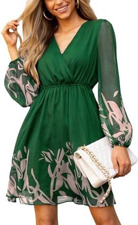 Cupshe Femmes Imprimé Floral Mousseline de Soie Ligne A Robe Manches Longues paysannes Taille élastique Mini-Robes