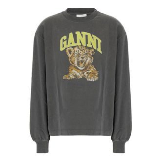Ganni Homme, Tops, Gris, Taille: M T-shirt &agrave; manches longues Logo avec imprim&eacute; Future Tiger