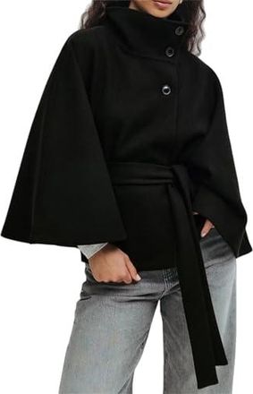 Generic Veste cape &eacute;l&eacute;gante avec ceinture pour femme, col montant, manches chauve-souris, manteau en laine, col montant, Noir, XL