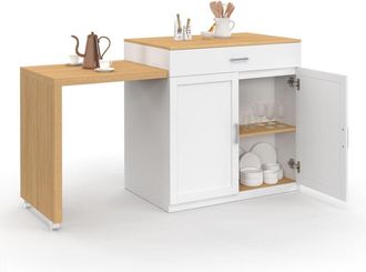 IDMarket Mittelinsel VITO 94-155 cm wei&szlig;es Holz mit integriertem ausziehbarem Esstisch in Buchenholzoptik