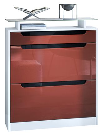 Vladon Schuhschrank Fiesta, Wei&szlig; matt/Bordeaux Hochglanz/Schwarz Hochglanz Schuhkipper f&uuml;r 16 Paar Schuhe mit 2 Klappen (89 x 104 x 23 cm)