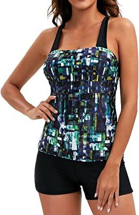 Generic Maillot de bain tankini 2 pi&egrave;ces pour femme - Effet gainant - Taille haute - Imprim&eacute; - Vintage - Soutien-gorge de sport d&eacute;t&eacute;, Vert, XXL