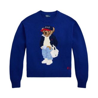 Polo Ralph Lauren Femme, Pulls, Bleu, Taille: 40 FR Pull Ras du Cou avec Motif Ours