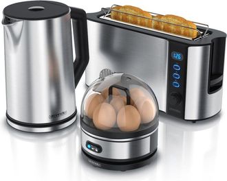 Arendo Fr&uuml;hst&uuml;cks-Set, 1,5L Wasserkocher, 2-Scheiben Langschlitz Toaster, 7er Eierkocher, Silber - Arendo