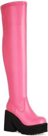 Generic Chaussures &agrave; bout rond pour femme avec talon &eacute;pais et talon haut au-dessus du genou extensible avec fermeture &eacute;clair lat&eacute;rale, rose, 37.5 EU