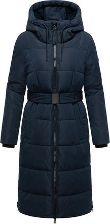 Navahoo Damen Langer Wintermantel warmer Steppmantel mit Kapuze und Tailleng&uuml;rtel Herbstnebel 14 Navy Gr. 3XL