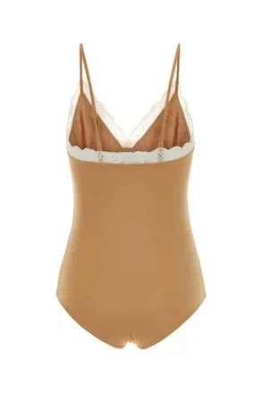 Chlo&eacute; Lace-Trimmed Stretch Nylon Bodysuit - Beige