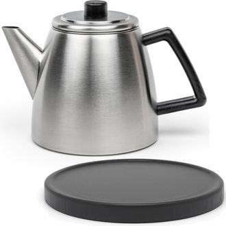 Bredemeijer Edelstahl Teekanne 1.1 Liter - kleine doppelwandige matt-silberne Edelstahlkanne mit Teefilter & schwarzem Holzuntersetzer