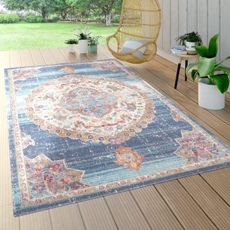 Paco Home Outdoor Teppich Wetterfest Wohnzimmer Balkon Küche Schlafzimmer Orient Muster Modern Bordüre Blau Beige, Grösse:160 cm Rund