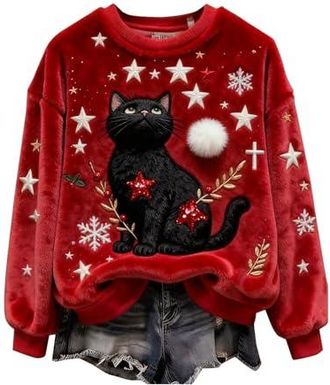 Generic Sweat-shirt de Noël en flanelle avec imprimé chat pour femme, style décontracté, élégant, doux et chaud, pull de Noël fantaisie à col rond, haut de va