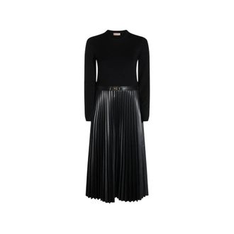 Twinset Robe mi-longue pliss&eacute;e en georgette - Femme - Robes - Noir - Taille: 36 FR