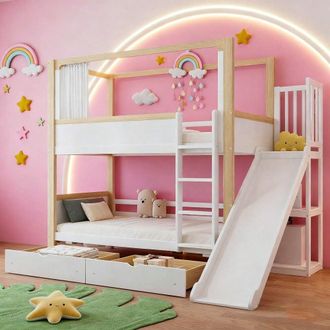 Generic Kinder-Etagenbett mit Rutsche & Spielvorhang | Wie EIN kleines Schloss mit 2 Schubladen Maße: 90x200 cm | Material: Kiefer, MDF, Sperrholz | Farbe: We