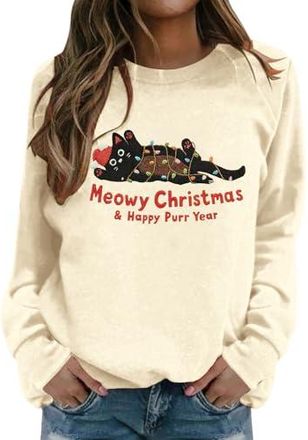 Generic Pull de Noël à manches longues et col rond pour femme, coupe ample, confortable, décontracté, haut de Noël amusant 2025, A- Beige, XL