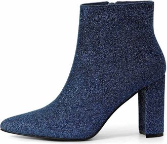 Allegra K Damen Glitzer Spitze Zehe Chunky Heel Stiefeletten, marineblau, 38 EU