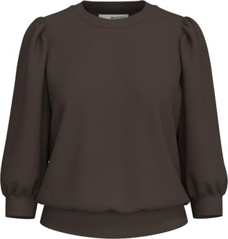 Selected Damen Bluse locker geschnitten Rundhalsausschnitt 3/4 Puffärmel modisch, Farben:Braun, Größe:M