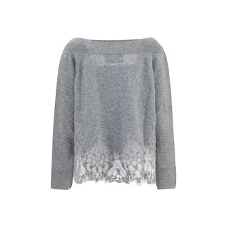 Ermanno Scervino Cashmere with Lace Hem Sweater - Gray
