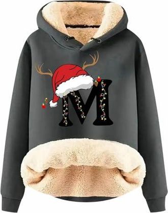 Generic Sweat &agrave; capuche en laine pour femme avec lettres de No&euml;l imprim&eacute;es dans le dos en laine chaude pour lhiver 2026, gris fonc&eacute;, 5XL