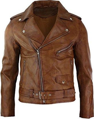 Infinity Leather Veste pour Homme en Cuir Souple Coupe cintr&eacute;e Fermeture Diagonale Franges Style Brando - Marron Clair 3XL