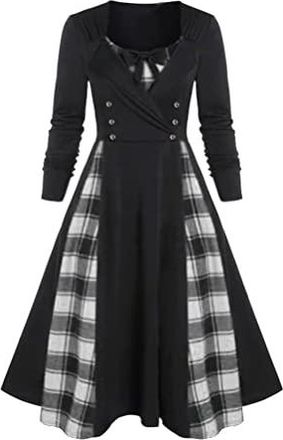 ORANDESIGNE Robe Femme de Cocktail Vintage Rockabilly Robe Plissée au Genou Manches Longues Col Carré Rétro Robes Soirée Vintage 1950s Robe de Cocktail Robe à Car