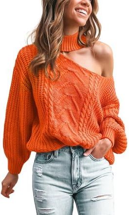 Cupshe Pull &agrave; &eacute;paules d&eacute;nud&eacute;es pour femme, manches longues, col montant, d&eacute;contract&eacute; et l&eacute;ger, rouge rouille, Taille L