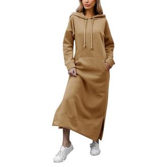 Generic Robe midi surdimensionnée à capuche - Vêtement décontracté à manches longues avec poche et fente latérale, kaki, 5XL