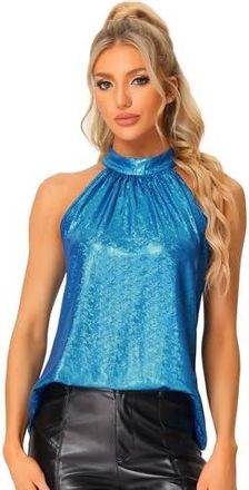Allegra K Hauts sans Manches Scintillants pour Femmes Party Club Cocktail Vest Shirt Tank Camisole Tops Bleu XL