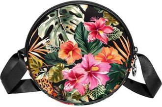 Generic Petit sac &agrave; bandouli&egrave;re rond pour femme, motif l&eacute;opard floral, avec fermeture &eacute;clair, bretelles r&eacute;glables, sac &agrave; main rond d&eacute;contract&eacute; pour femmes et 