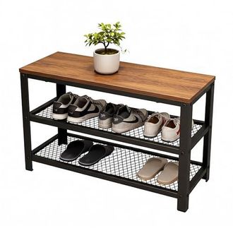 Relaxdays Schuhbank, f&uuml;r 6 Paar Schuhe, HxBxT: 45 x 73 x 30 cm, 2 Gitterablagen, Sitzbank in Holzoptik, braun/schwarz