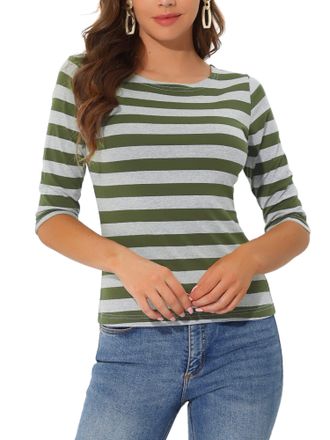 Allegra K Damen Gestreiftes Shirt U Boot Ausschnitt Halbarm Party Ferien Streifen Top Bluse Armee-Gr&uuml;n-Grau S