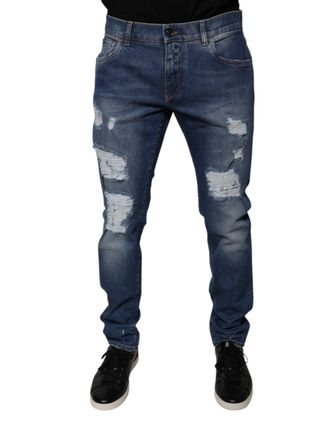 Dolce & Gabbana Mens Blue Cotton Tattered Skinny Denim Jeans Elastane Clothing