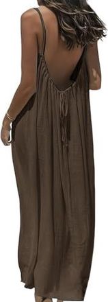 Generic Robe caraco longue sans manches pour femme - Dos nu - Robe d&eacute;t&eacute; fluide - Pour le salon, la maison, les vacances, la plage - Avec noeud dans le dos, ma