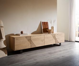 DELIFE Lowboard Tereos 220 cm Eiche Natur 3D Effekt 4 T&uuml;ren Kufe Metall Schwarz, Lowboards