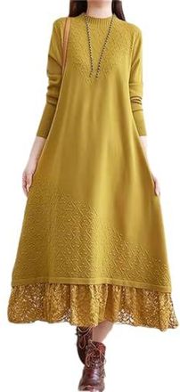 Generic Robe longue d&eacute;contract&eacute;e en dentelle et laine pour femme - Col montant - Coupe trap&egrave;ze ample, jaune, 3XL