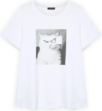 Fiorella Rubino Femme, Tops, Blanc, Taille: 42 FR T-shirt en coton avec imprim&eacute; chat