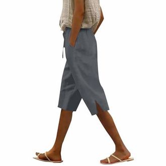 Generic Pantalon Femme Court Coton en Lin Large D&eacute;t&eacute; Pantalons Chic Et Elegant Taille Haute Respirant Legers Coton Lin Pants Droit &Agrave; La Mode Casual Baggy Soli