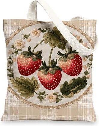 Generic Sacs fourre-tout en toile motif fraise, motif floral et fruits, sacs réutilisables, vintage, légers, lavables à bandoulière en toile pour Tra, beige, 