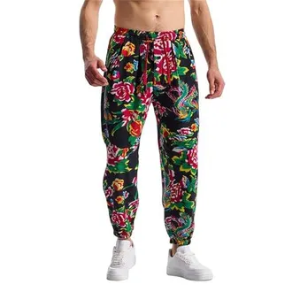 Generic Pantalon sarouel hippie pour homme - Coupe ample - Taille &eacute;lastique - Pantalon de plage &agrave; revers - Pantalon de danse hippie streetwear l&eacute;ger - Pantalo