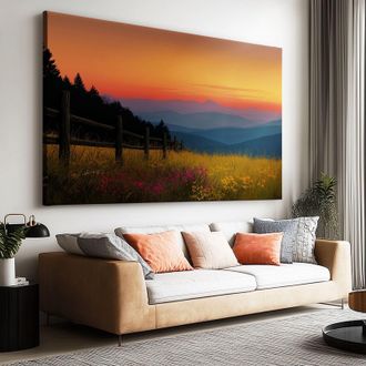 Generic Leinwand Bilder Sonnenuntergang Ländlich Wald Blumenfeld Bild auf Leinwand Poster Hochwertige Wandbilder für Wohnzimmer Schlafzimmer Heimbüro Restaura