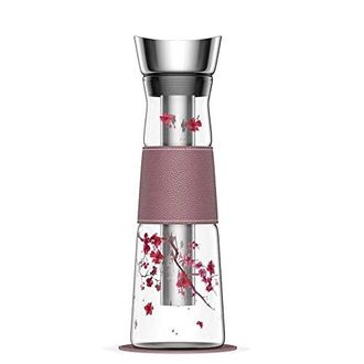 Eigenart Eve Cherry Blossom Karaffe aus Glas mit Deckel, Sieb und veganer Kunstleder-Manschette und Untersetzer, BPA frei, 1,25L, 31000