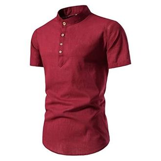 Generic V Shirts T-shirt am&eacute;ricain pour homme &agrave; col montant en coton et lin uni &agrave; manches courtes Produit le plus cher sur, rouge, XXL