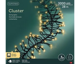 Lumineo CLUSTER Lichterkette 3000 LED 28 m Soft Gold - dimmbar in 5 Stufen, mit Timer 8 h, IP44 Au&szlig;en & Innen, 33 m Gesamtl&auml;nge mit 5 m Zuleitung, wetterfest,