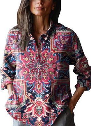 Generico Chemise Femme &Eacute;l&eacute;gant Manches Longues T Shirt en Lin Coton Curvy Respirant Chemisier Col en V Classique Chemises Vintage Fantaisie avec Boutons Mode B