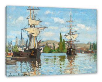 Pixxprint Claude Monet - Schiffe auf der Seine bei Rouen, Wei&szlig;, Gr&ouml;&szlig;e: 120x80cm, Leinwandbild, fertig gespannt, Wandbild, Dekoration, Kunstdruck, kein Poster