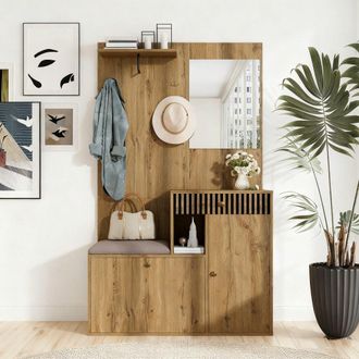 Generic Kompaktgarderobe mit Spiegel, Polsterbank & Schuhschrank | Flurschrank-Wohnwand-Kombination (110x185,5x37 cm) | Garderobenset mit Regal & Paneelen