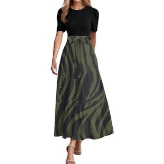 Generic Robe d&eacute;t&eacute; pour femme avec imprim&eacute; floral &agrave; manches courtes, &eacute;l&eacute;gante, col rond, fermeture &eacute;clair &agrave; larri&egrave;re, robe d&eacute;contract&eacute;e avec r&eacute;glable, vert, XX