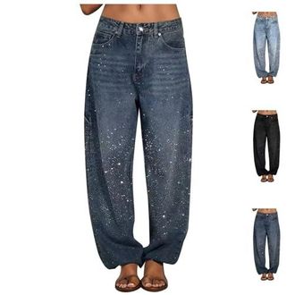 Generic Jean Taille Haute for Femme, Style ann&eacute;es 2000, orn&eacute; de Strass, Coupe Ample en Denim avec Poches et Passants de Ceinture(A01 Blau,XXL)