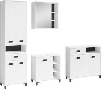 Byliving Badm&ouml;belset Wellness / 4-teilig/Spiegelschrank, Waschbeckenunterschrank, Kommode und Hochschrank/LED-Beleuchtung/Spiegel/Waschtisch/H&auml;ngeschrank (Wei&szlig;