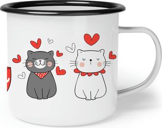 OM3 süße Emaille-Tasse mit Katzenmotiv Katze Kitten Cat Love | Emailletasse Emaille Becher | 12oz 300ml | Beidseitig Bedruckt | Weiß-Schwarz