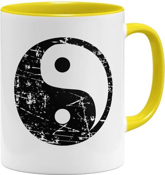 OM3 Yin and Yang Symbol Kaffee-Tasse - Keramik Becher - 11oz 325ml - Beidseitig Bedruckt - Gelb