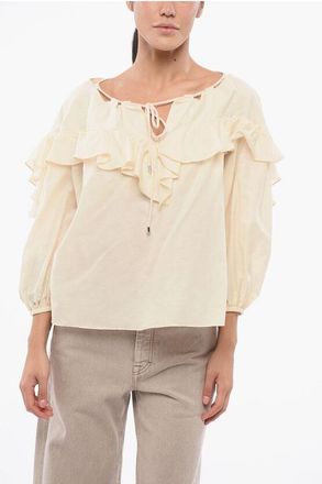 Pinko Solid Color Cotton and Silk BONES Blouse with Ruffles size Xs